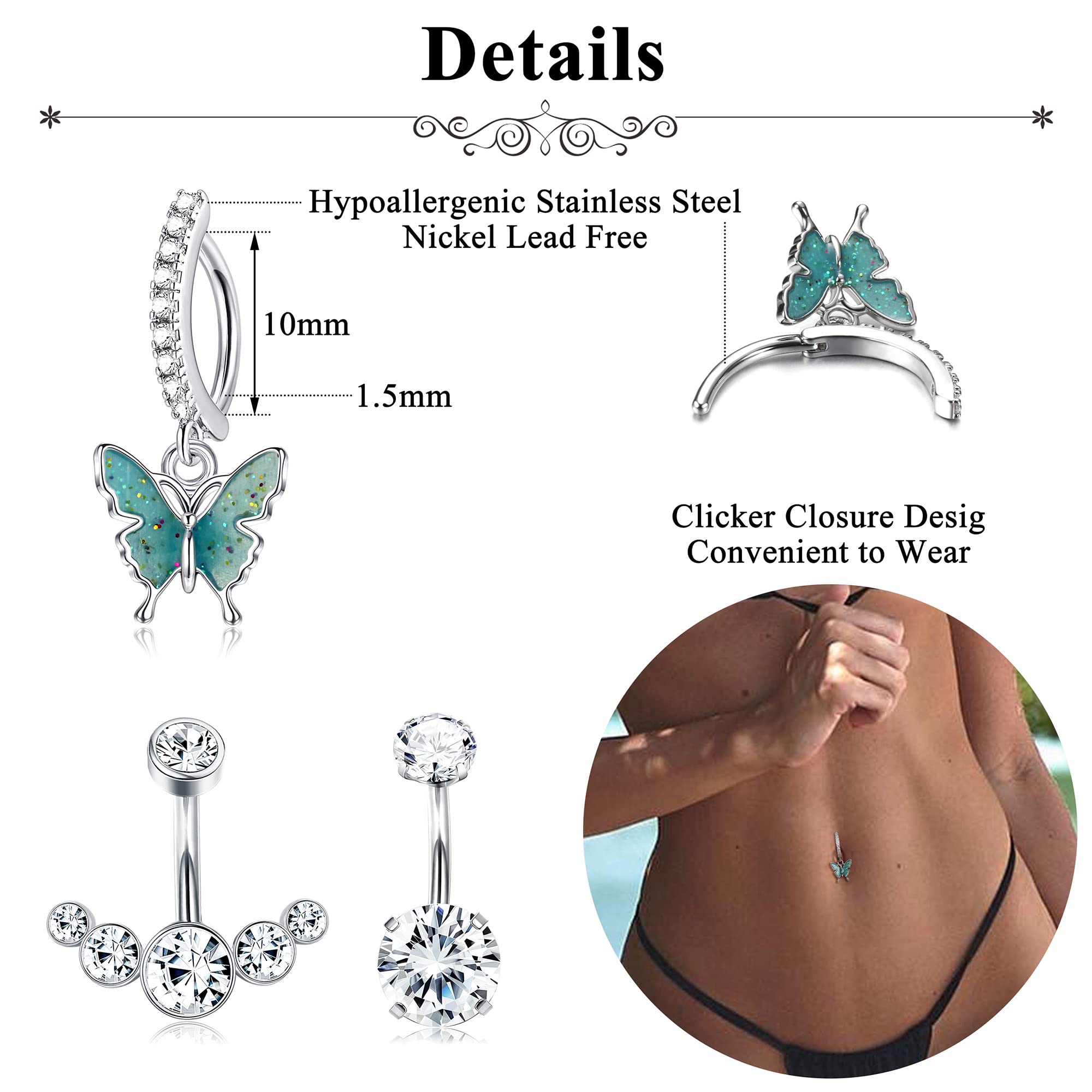 FIASASO 3Pcs 14G Belly Button Ring for Women 316L Surgical Steel CZ Opal Belly Ring Simple Reverse Navel Rings Body Jewelry Butterfly