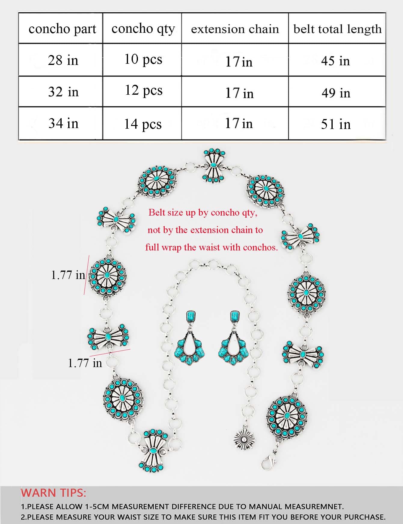 TOPACC Turquoise Concho Chain Belts for Women Western Cute Boho Teal Metal Cowgirl Country Concert Belt for Dresses Jeans