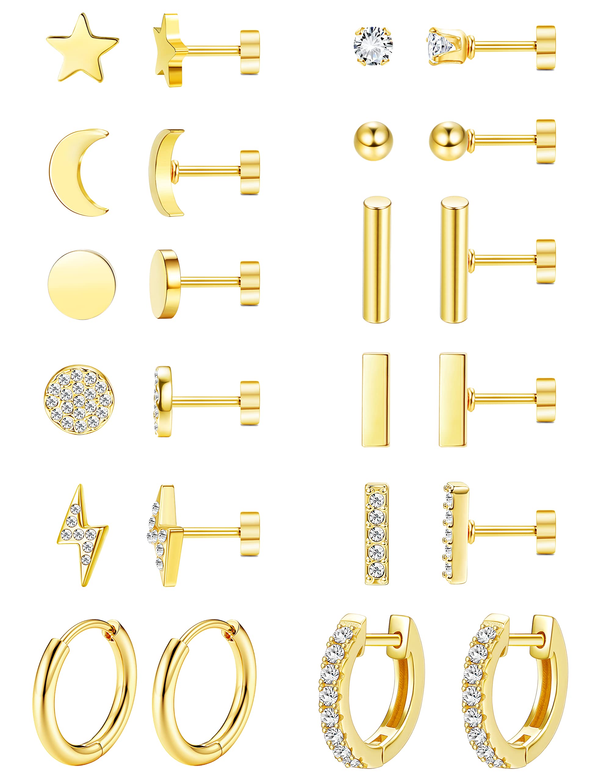 FASACCO 12Pairs Flat Back Earrings for Women Men Hypoallergenic 14K Gold Plated Stainless Steel Flatback Stud Small Huggie Hoop Earrings 20G Tiny Gold Stud Earring Sets for Multiple PIercing Gold