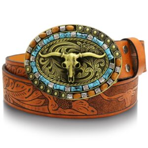 rechicgu mens western leather buckle belt, bull head engraved brown cowboy concho belts with long horn bull buckles, 1-1/2 inch wide s gold