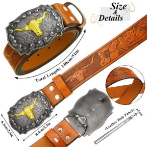 RechicGu Mens Western Leather Buckle Belt, Bull Head Engraved Brown Cowboy Concho Belts With Long Horn Bull Buckles, 1-1/2 Inch Wide S Silver