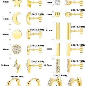 FASACCO 12Pairs Flat Back Earrings for Women Men Hypoallergenic 14K Gold Plated Stainless Steel Flatback Stud Small Huggie Hoop Earrings 20G Tiny Gold Stud Earring Sets for Multiple PIercing Gold