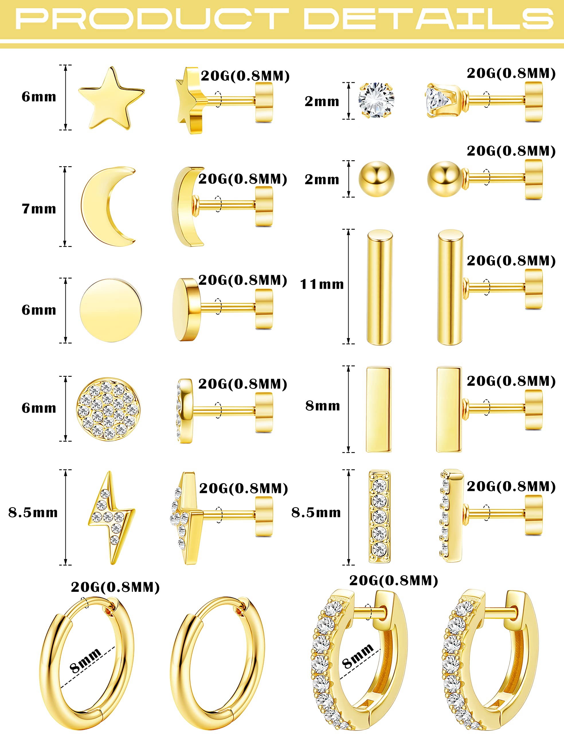 FASACCO 12Pairs Flat Back Earrings for Women Men Hypoallergenic 14K Gold Plated Stainless Steel Flatback Stud Small Huggie Hoop Earrings 20G Tiny Gold Stud Earring Sets for Multiple PIercing Gold