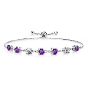 gem stone king 925 sterling silver round purple amethyst and white lab grown diamond tennis bracelet for women (2.39 cttw fully adjustable up to 9 inch)