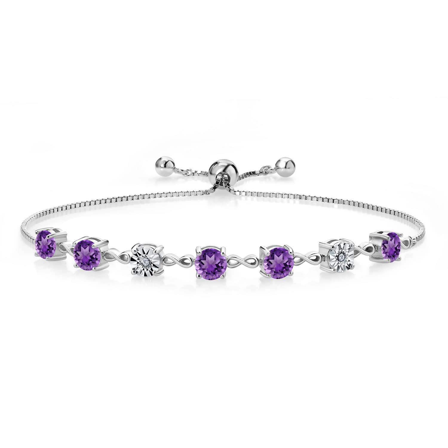 Gem Stone King 925 Sterling Silver Round Purple Amethyst and White Lab Grown Diamond Tennis Bracelet For Women (2.39 Cttw Fully Adjustable Up to 9 Inch)