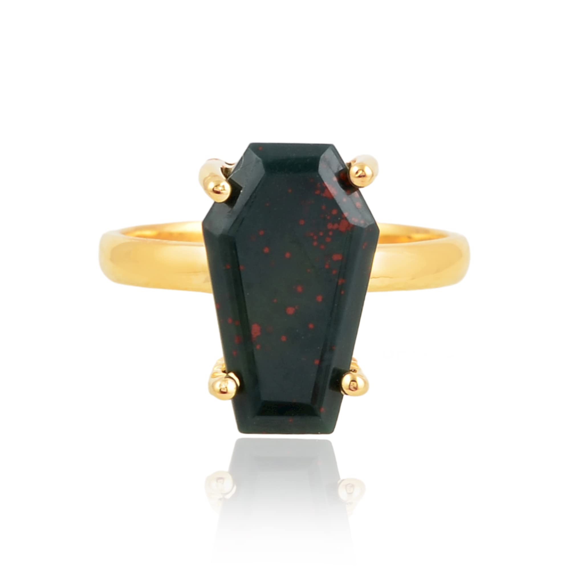 Bloodstone Ring, 925 Sterling Silver Ring, 9x15mm Coffin Gemstone Ring, 18kGold Plated Ring, Prong Set Jewelry, Gift For Mother, Jewelry for Ladies (Gold Plated, 6.5 US)