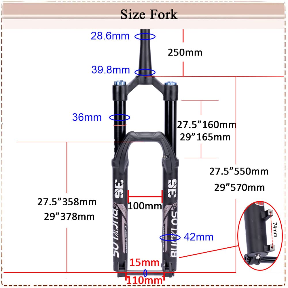 BUCKLOS MTB Air Suspension Fork 27.5 29 110 * 15mm Boost AM E-Bike Tapered, Travel 160mm 36mm Inner Tube Thru Axle Rebound Adjustment Disc Brake Front Forks, fit All Mountain eBike ect. (29)