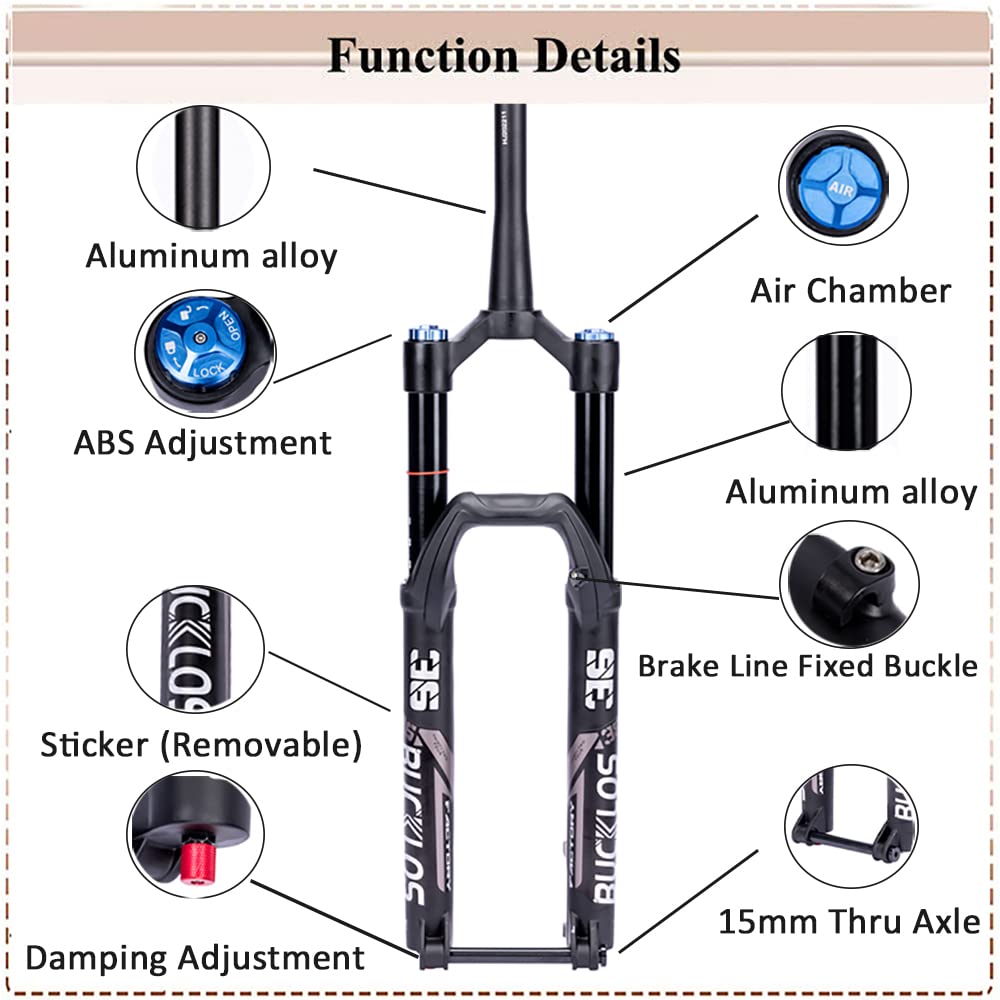 BUCKLOS MTB Air Suspension Fork 27.5 29 110 * 15mm Boost AM E-Bike Tapered, Travel 160mm 36mm Inner Tube Thru Axle Rebound Adjustment Disc Brake Front Forks, fit All Mountain eBike ect. (29)