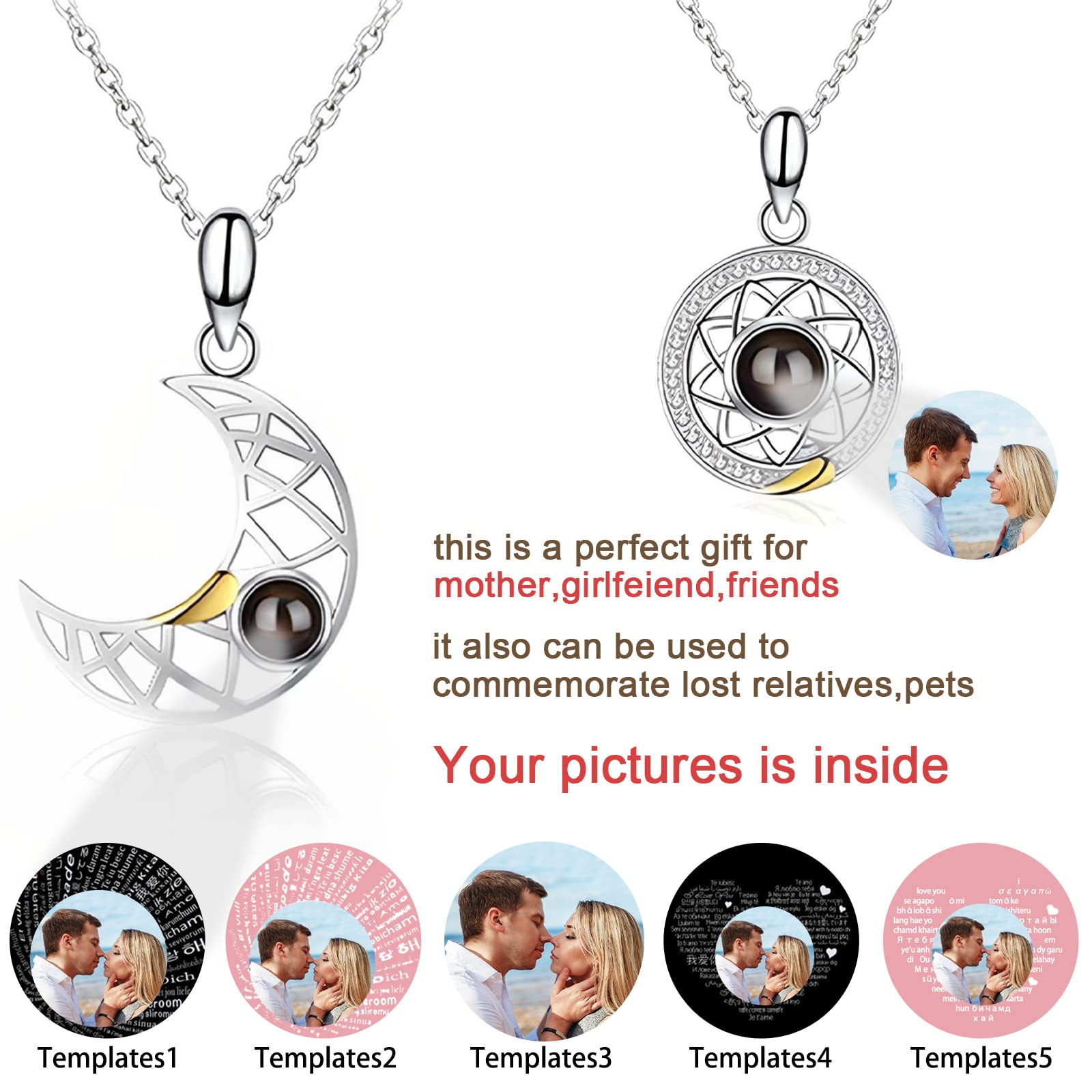 YESTIME Custom Necklace with Picture Inside - Picture Necklace Personalized Photo, Personalized Projection Necklace for Women, Anniversary Memorial Gift for Her/Women/Mom/Couple