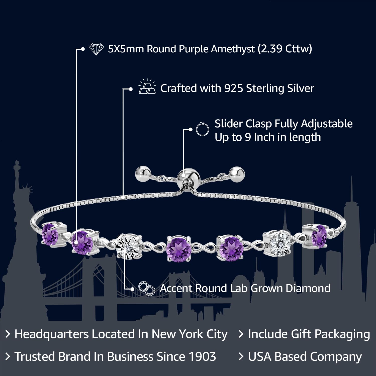 Gem Stone King 925 Sterling Silver Round Purple Amethyst and White Lab Grown Diamond Tennis Bracelet For Women (2.39 Cttw Fully Adjustable Up to 9 Inch)