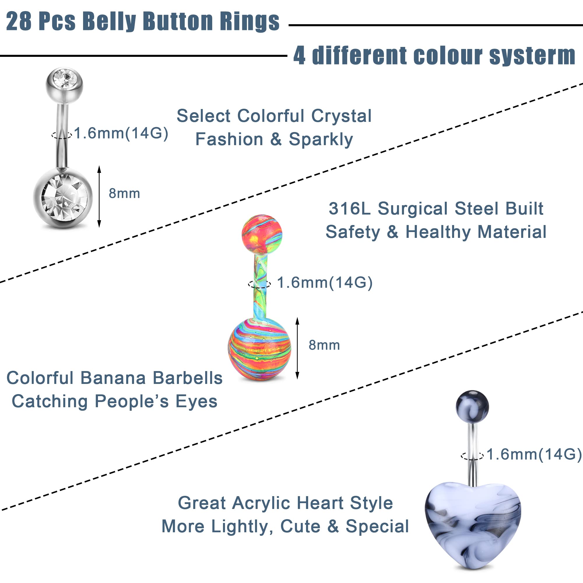 Besteel 28Pcs 14G Belly Button Rings Surgical Steel CZ Belly Rings for Women Colorful Belly Piercings Screw Navel Barbells Body Piercing Jewelry