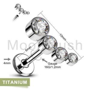 Mooncrush Jewelry G23 Solid Titanium Helix Earrings CZ 16G Cartilage Earrings Cluster Helix Piercing Jewelry Surgical Steel Hypoallergenic 6MM Tragus Earrings for Women