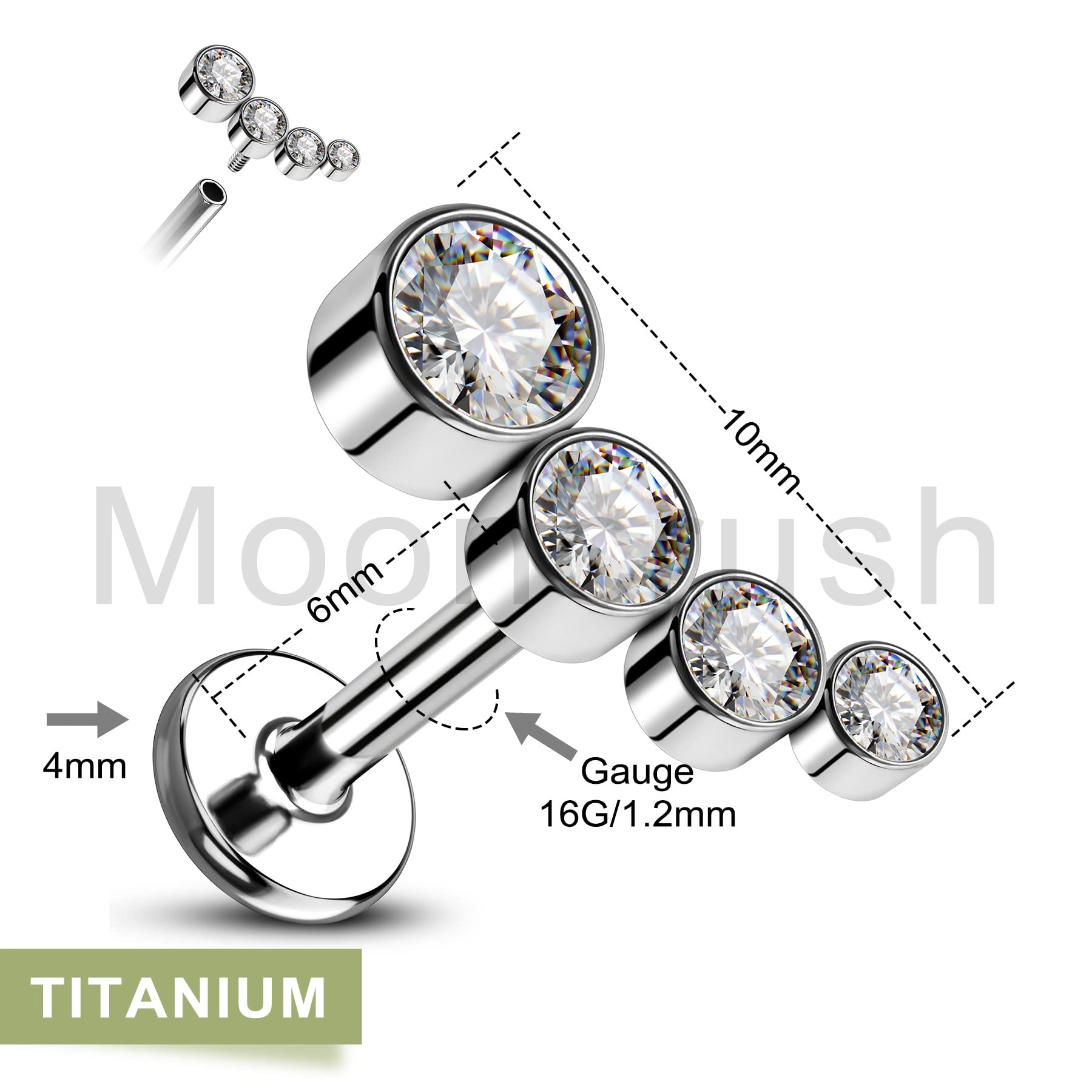 Mooncrush Jewelry G23 Solid Titanium Helix Earrings CZ 16G Cartilage Earrings Cluster Helix Piercing Jewelry Surgical Steel Hypoallergenic 6MM Tragus Earrings for Women