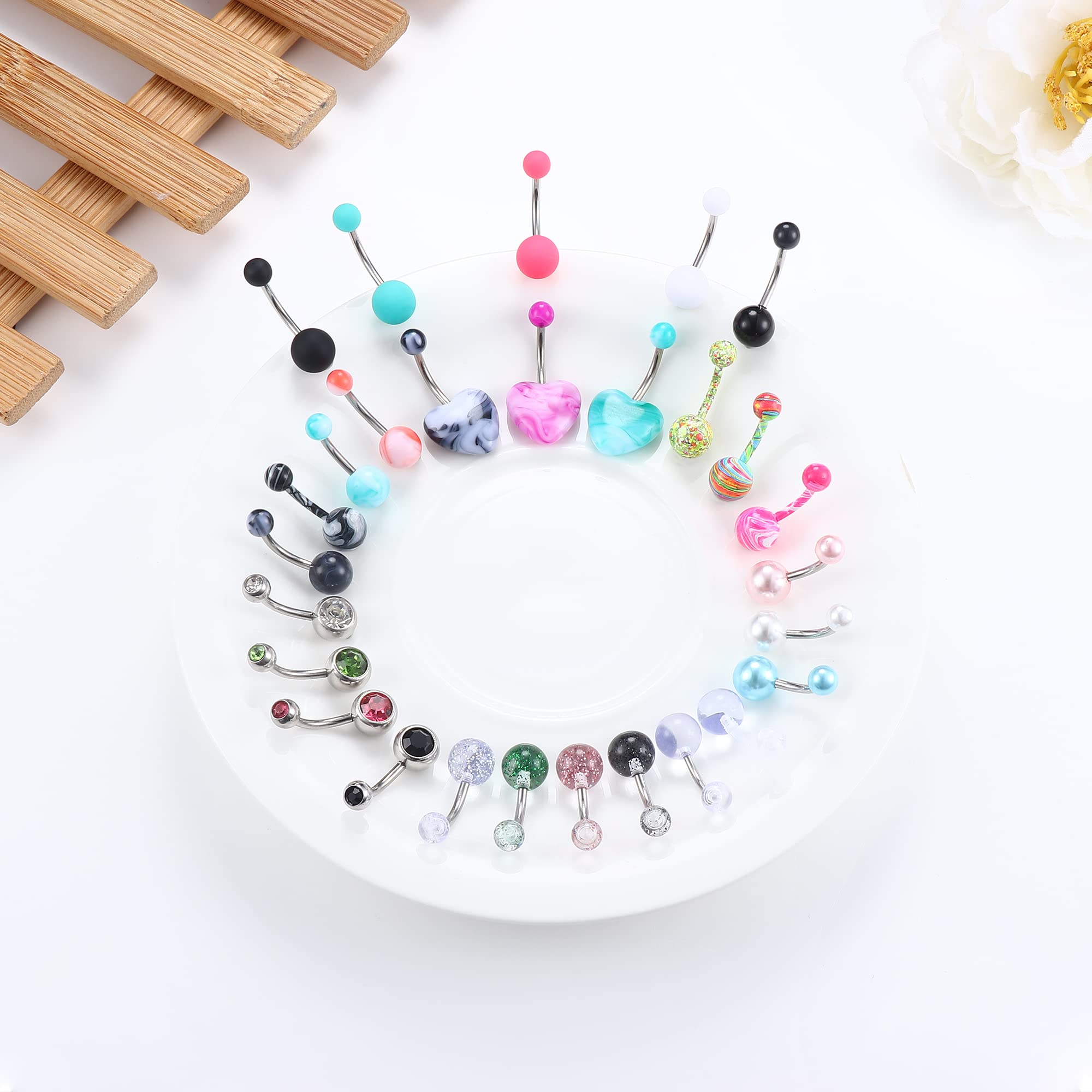 Besteel 28Pcs 14G Belly Button Rings Surgical Steel CZ Belly Rings for Women Colorful Belly Piercings Screw Navel Barbells Body Piercing Jewelry