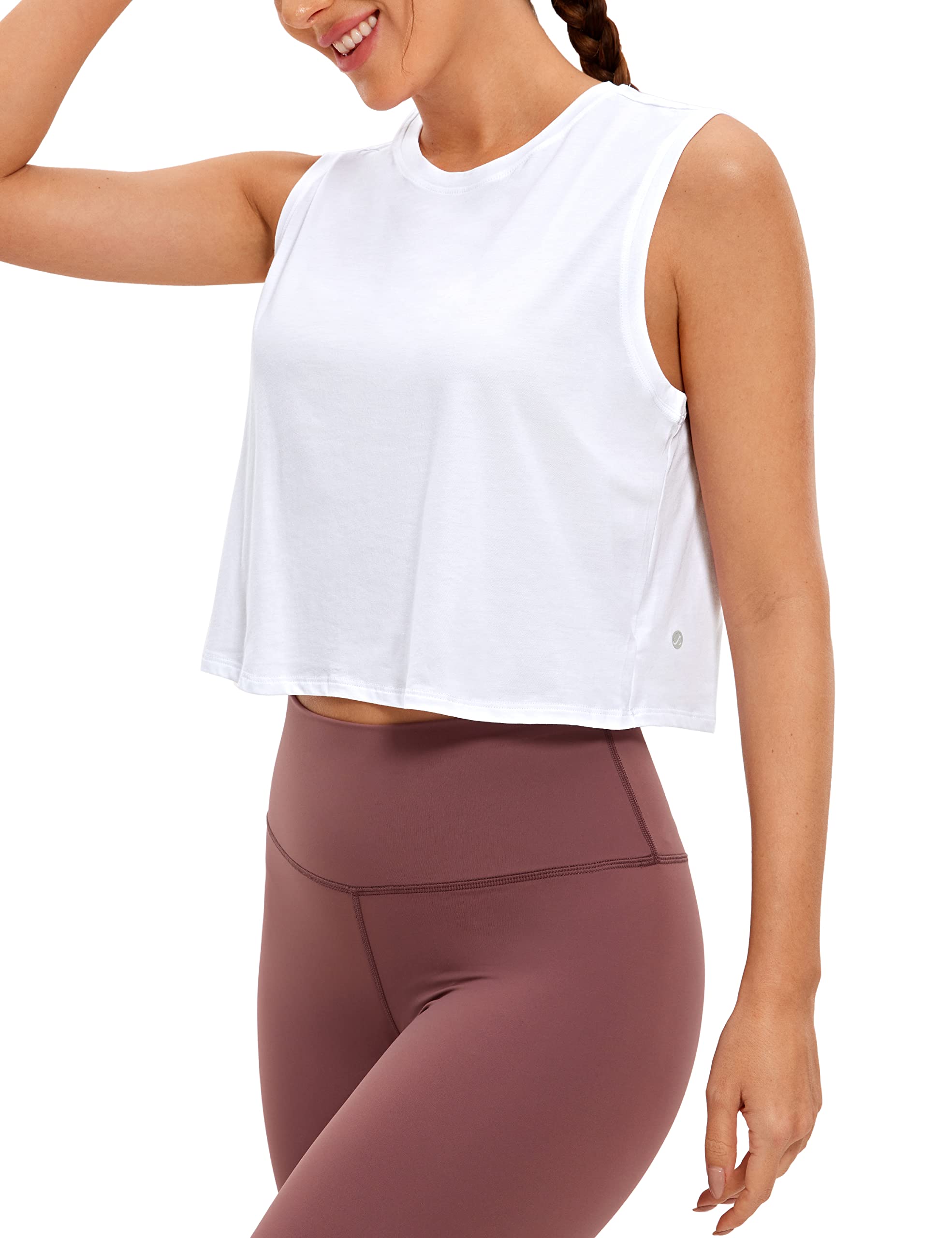 CRZ YOGA Pima Cotton Cropped Tank Tops for Women Workout Crop Top Sleeveless Athletic Shirts Loose Yoga Tops White Medium