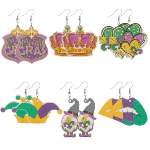 mardi gras earrings for women lightweight wooden carnival earrings purple green pendant earrings mardi gras accessory for party favors crown clown hat lips 6 pairs