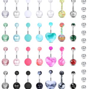 Besteel 28Pcs 14G Belly Button Rings Surgical Steel CZ Belly Rings for Women Colorful Belly Piercings Screw Navel Barbells Body Piercing Jewelry