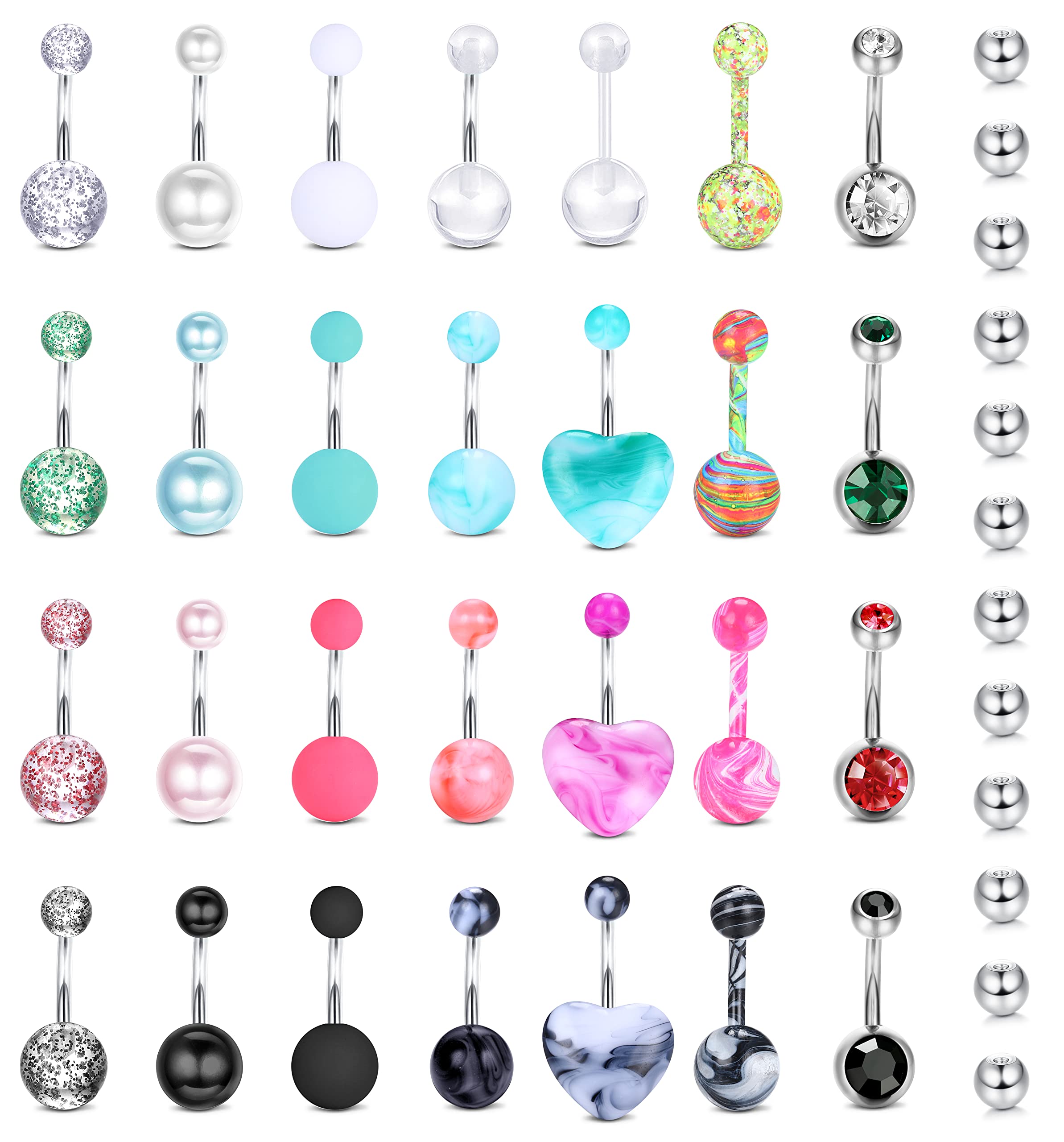 Besteel 28Pcs 14G Belly Button Rings Surgical Steel CZ Belly Rings for Women Colorful Belly Piercings Screw Navel Barbells Body Piercing Jewelry