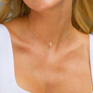 KICKGY Gold Cross Necklace for Women 14k Gold Plated Tiny Cross Necklace Dainty Gold Cross Necklace Cute Cross Pendant Necklace SImple Gold Choker Necklace Trendy Gold Jewelry for Women