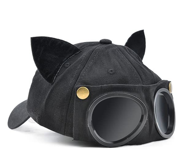 Retro Aviator Hat with Cat Ears Glasses Peaked Cap Sunglasses Baseball Cap Hip Hop Mask Black