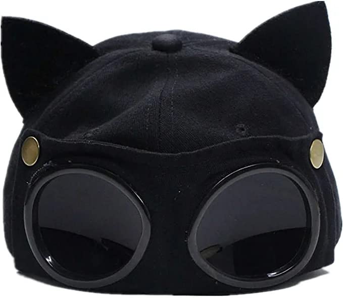 Retro Aviator Hat with Cat Ears Glasses Peaked Cap Sunglasses Baseball Cap Hip Hop Mask Black