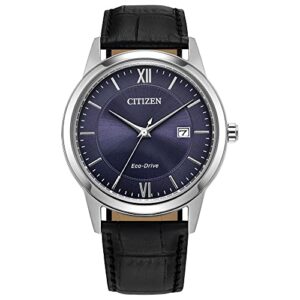 citizen men's classic eco-drive leather strap watch, 3-hand date, luminous hands and markers, black strap/ blue dial