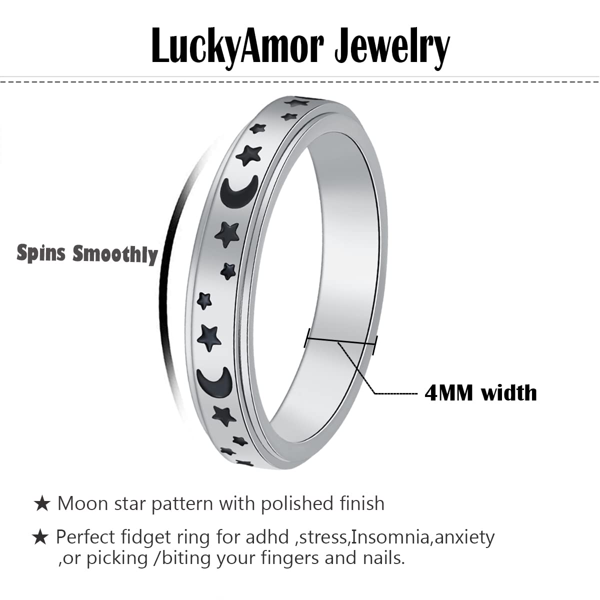 LuckyAmor Spinner Ring for Women Anxiety Relief, Metal, No Gemstone