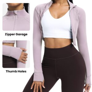 AVGO Workout Jackets for Women Full Zip Cropped Running Track Jacket Lightweight Athletic Slim Fit Tops with Thumb Holes(Fair Orchid, S)