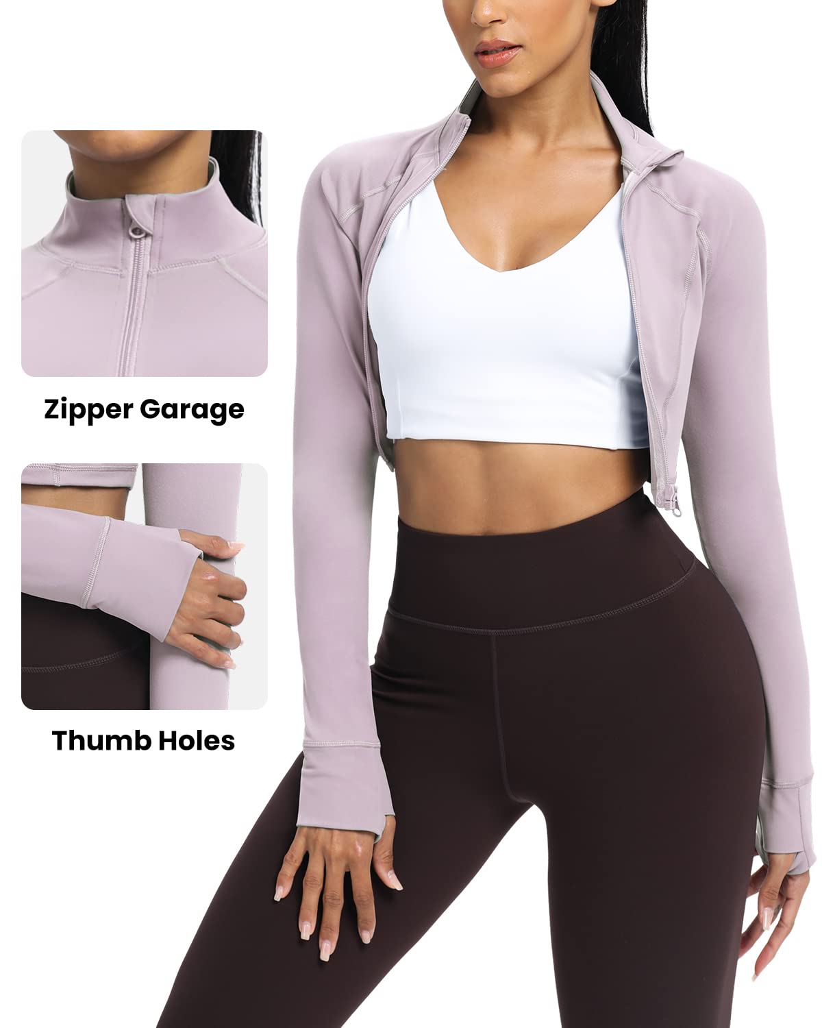 AVGO Workout Jackets for Women Full Zip Cropped Running Track Jacket Lightweight Athletic Slim Fit Tops with Thumb Holes(Fair Orchid, S)