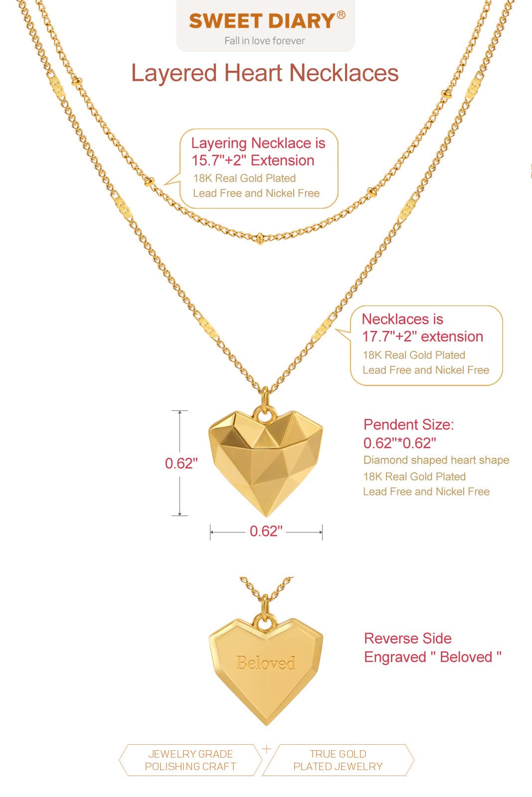 SWEET DIARY Heart Pendant Necklace,Heart Necklaces for Women,18K Gold Plated Layered Necklace, Handmade Diamond Heart Pendant Necklace Chain Gold Necklaces Gift for Women Necklace Jewelry (Gold)