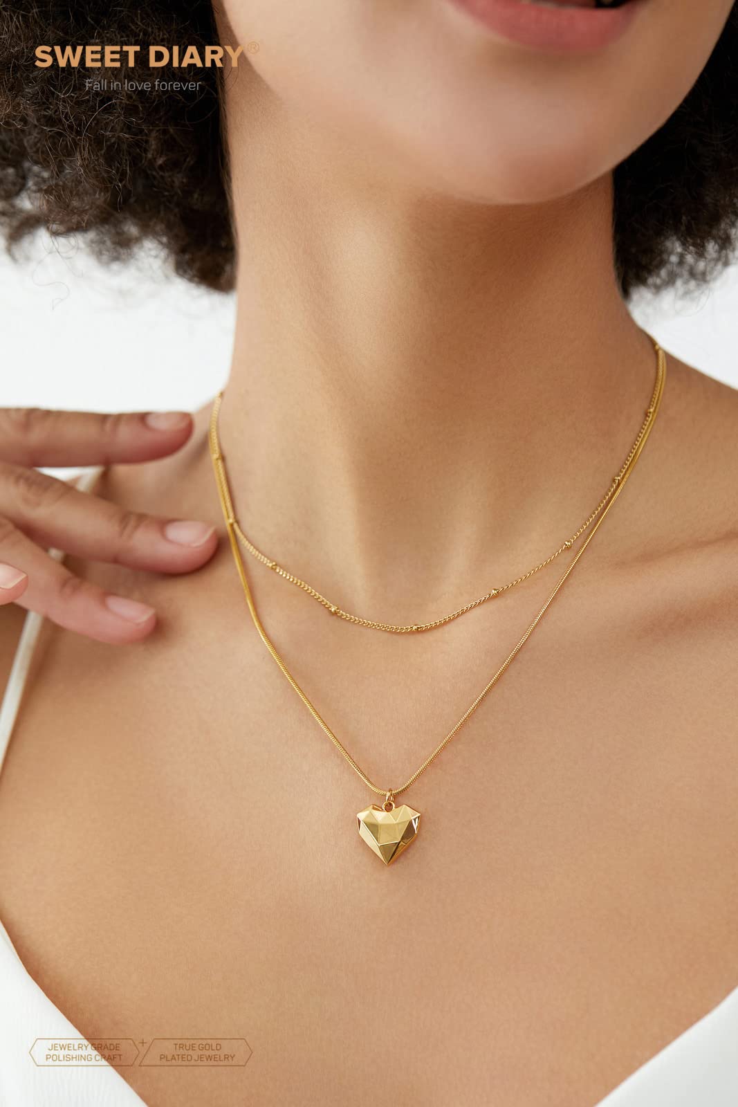 SWEET DIARY Gold Heart Necklaces for Women, 18K Gold Plated Layered Necklace, Handmade Diamond Heart Pendant Necklace Chain Gold Necklaces Gift for Women Necklace Jewelry