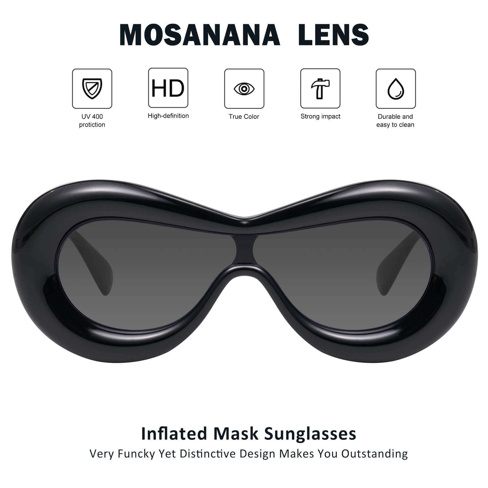 mosanana Inflated Bubble Y2k Oval Sunglasses for Women Trendy Cool Cute Funky Fashion Retro Vintage Black Baddie Dark Stylish 90s Aesthetic 2000s Ladies Chunky Thick Sun Glasses Shield Shade KAIA