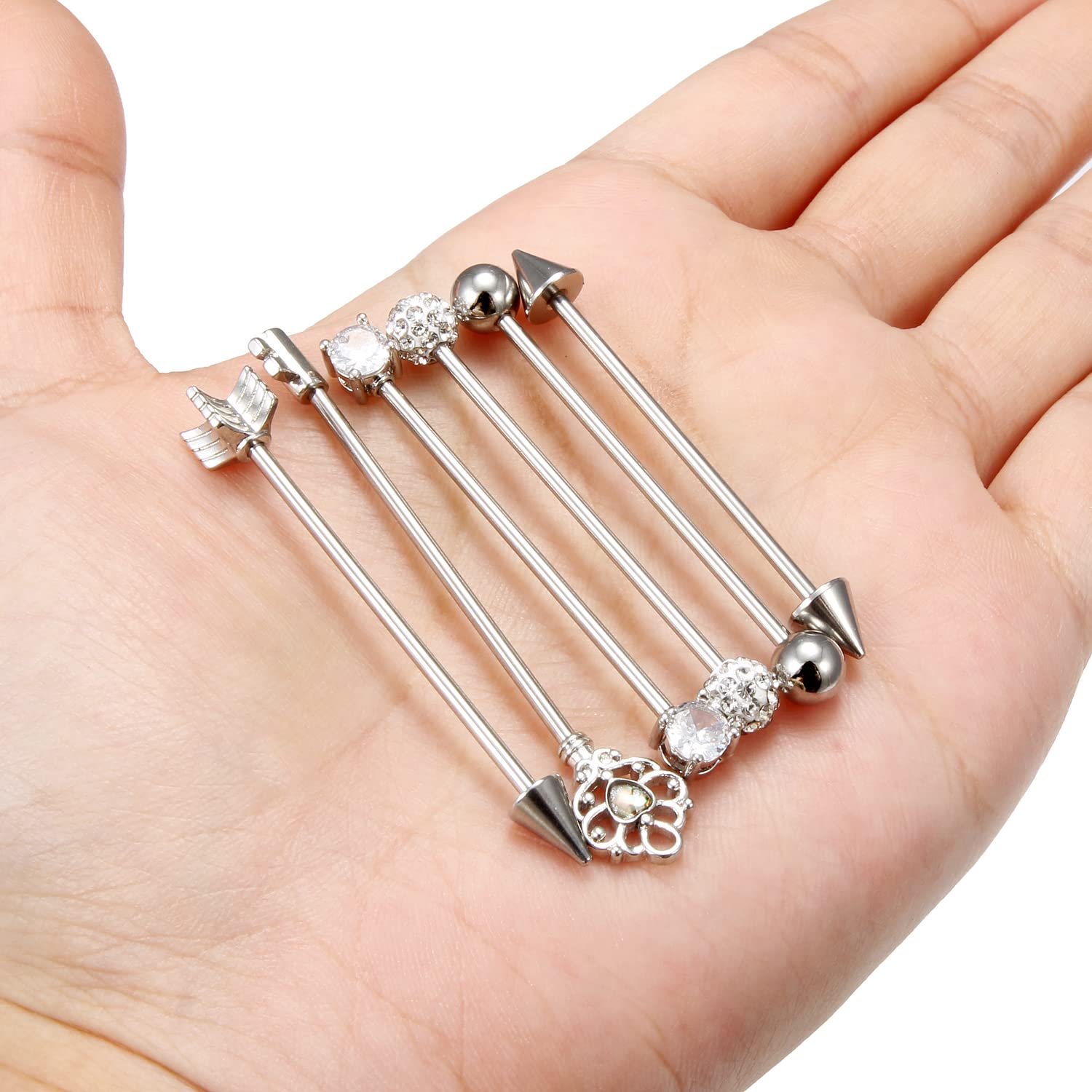 Vsnnsns 14G Industrial Piercing Jewelry Industrial Earrings Industrial Barbell Surgical Steel Cartilage Earrings Industrail Piercing 1 1/2"(36mm) Bar Length for Women Men 6PCS Silver