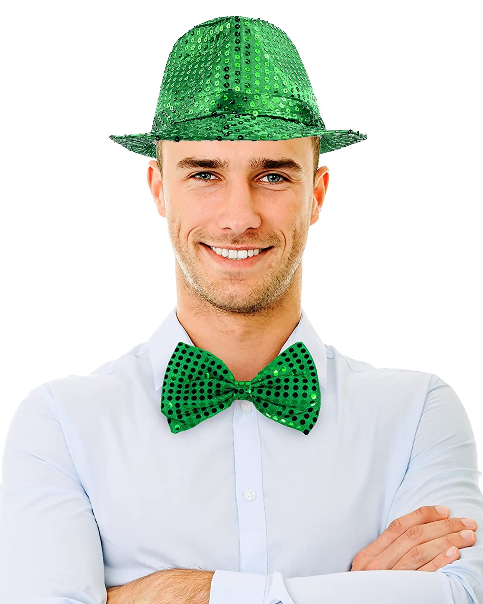 St Patrick's Day Fedora Hat Green Sequin Irish Hat for Men Women Paddy's Day Fancy Cap Western Fashion Sequin Bow Tie and 3 Green Beads