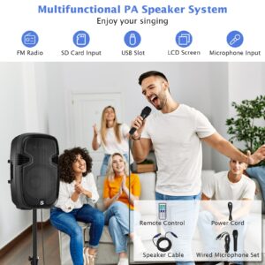 GOFLAME 2000W 2-Way Powered Speakers, 12" Portable Dual Speakers PA System with Bluetooth, USB SD Card, AUX MP3 FM Radio, Microphone, 2 Tripod Stands, Remote and Cables, Indoor and Outdoor Use