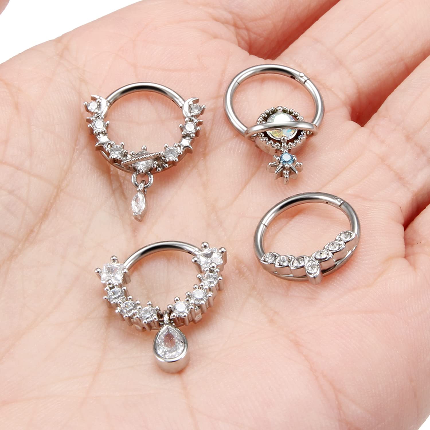 Vsnnsns 16G Septum Rings Piercing Jewelry Septum Jewelry CZ Clicker Ring Stainless Steel Septum Hinged Segment Nose Rings Hoop Piercing Jewelry for Men Women 10mm 4pcs Silver