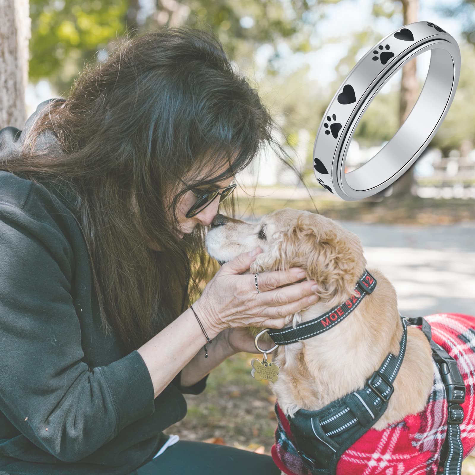 LuckyAmor Spinner Ring for Women Anxiety Relief,4mm width Puppy Pet Lovers Paw Print Ring Heart Ring Stainless Steel Fidget Rings for Anxiety for Women Stress Relief,Size 6-10 (8, Silver)