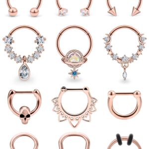 Vsnnsns 16G Septum Jewelry Septum Ring Piercing Jewelry Septum Clicker Ring and Horseshoe Barbell Stainless Steel Septum Nose Rings Hoop for Men Women Rose Gold 10mm 12pcs