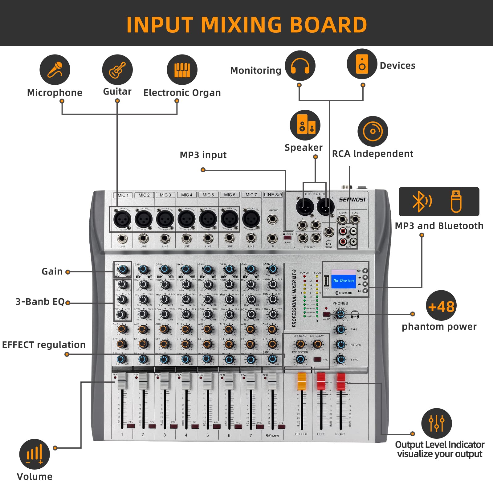 SENWOSI MT-8 8-Channel Sound Board Mixer Amplifier Mixing Console USB Bluetooth Audio Interface Microphone Preamplifier Phantom Power 3 band EQ Steel Chassis DJ Studio Music production