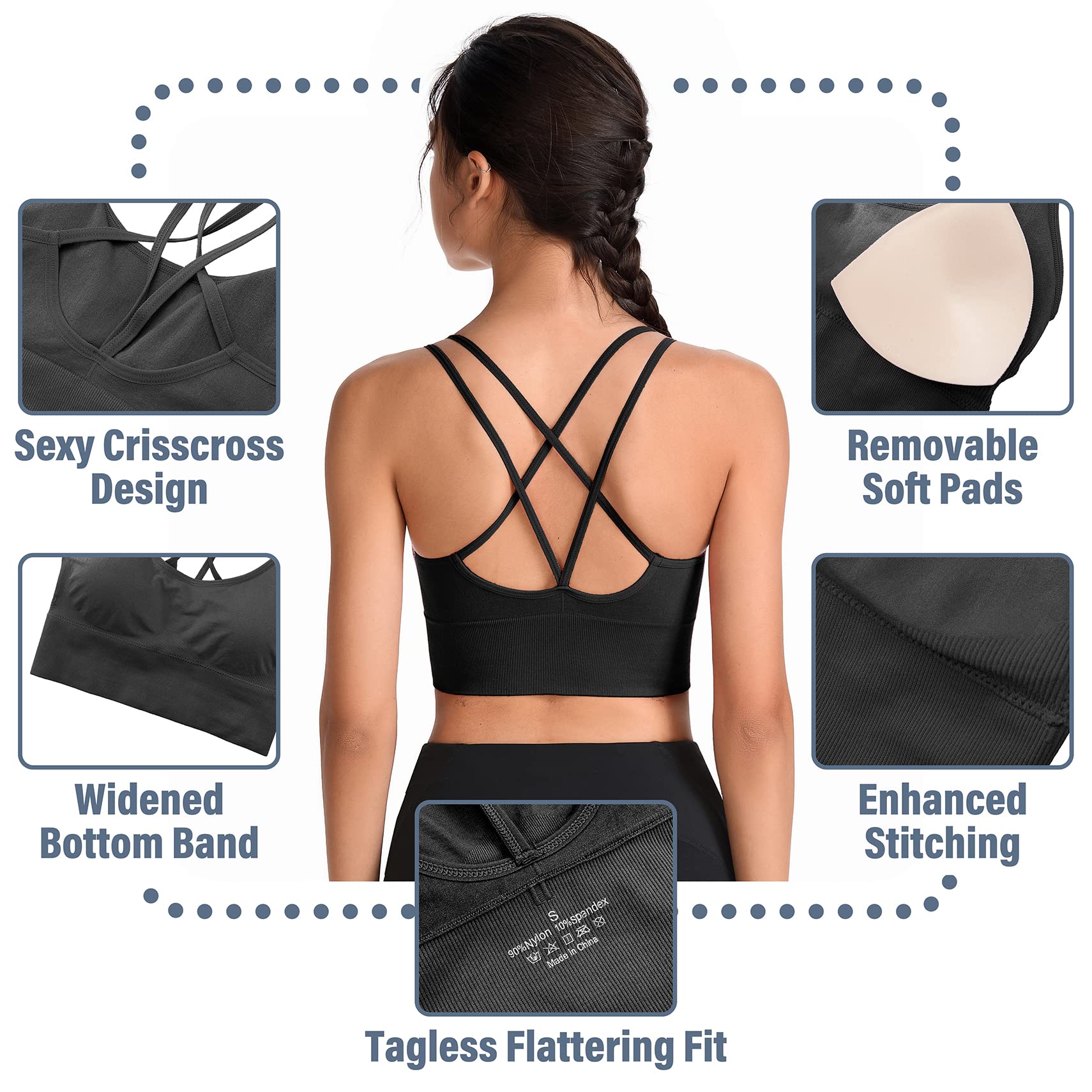 Padded Sports Bras for Women Strappy Cross Back Yoga Bras Pack for Workout Fitness Running Gym Low Impact Top