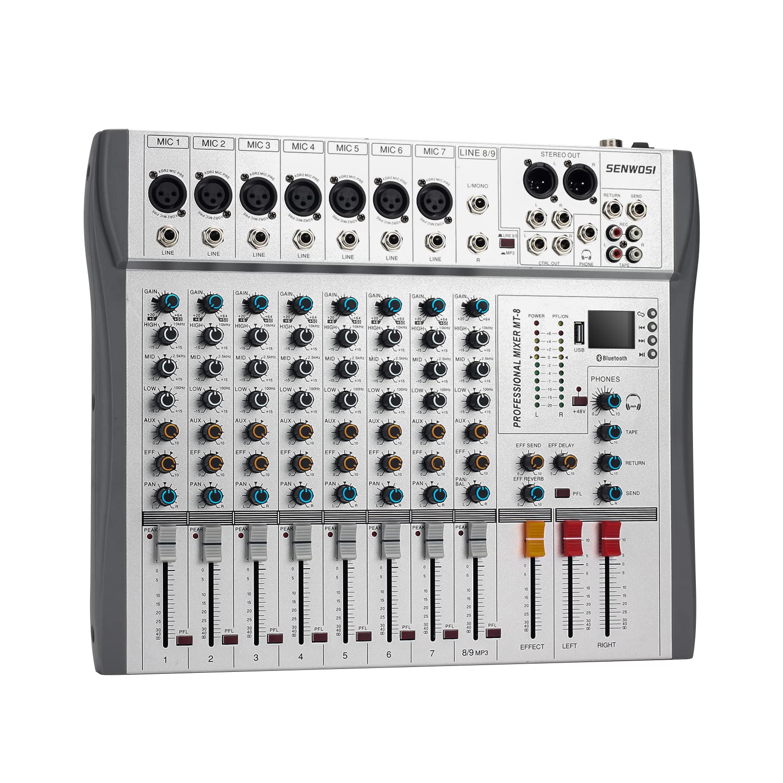 SENWOSI MT-8 8-Channel Sound Board Mixer Amplifier Mixing Console USB Bluetooth Audio Interface Microphone Preamplifier Phantom Power 3 band EQ Steel Chassis DJ Studio Music production