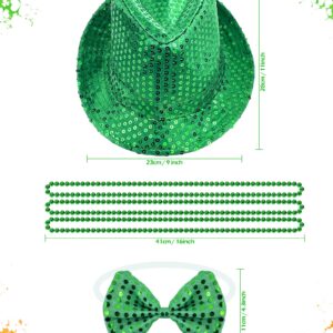 St Patrick's Day Fedora Hat Green Sequin Irish Hat for Men Women Paddy's Day Fancy Cap Western Fashion Sequin Bow Tie and 3 Green Beads