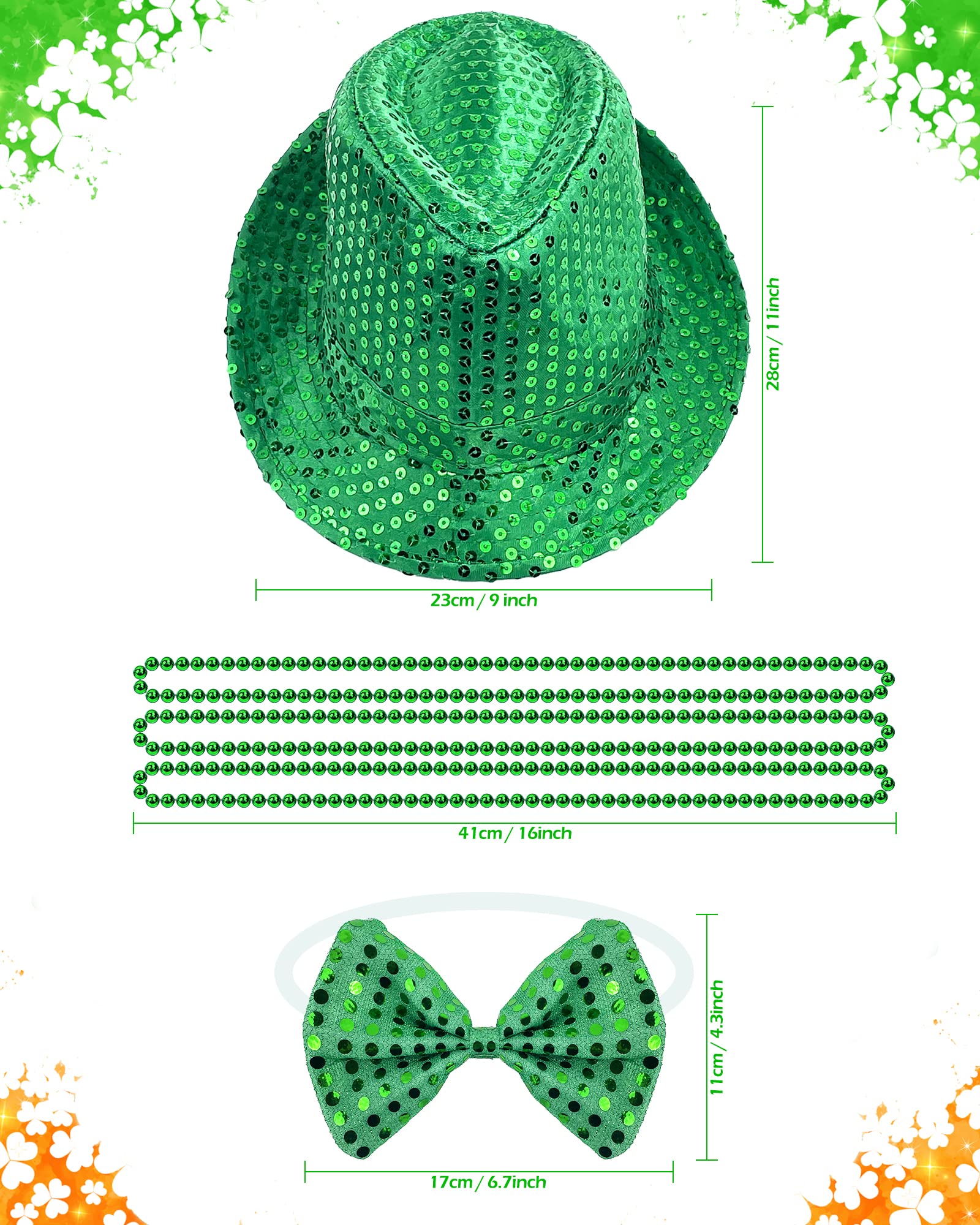 St Patrick's Day Fedora Hat Green Sequin Irish Hat for Men Women Paddy's Day Fancy Cap Western Fashion Sequin Bow Tie and 3 Green Beads