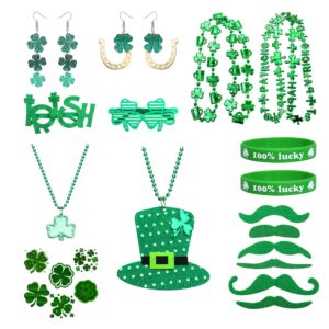 florideco st. patrick's day accessories costumes set with 2 pairs earrings 2 glasses 4 shamrock necklace 2 lucky bracelets 6 mustaches 2 irish shoulder strap for women irish party favors st patricks day decorations