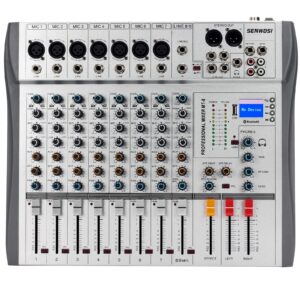 senwosi mt-8 8-channel sound board mixer amplifier mixing console usb bluetooth audio interface microphone preamplifier phantom power 3 band eq steel chassis dj studio music production