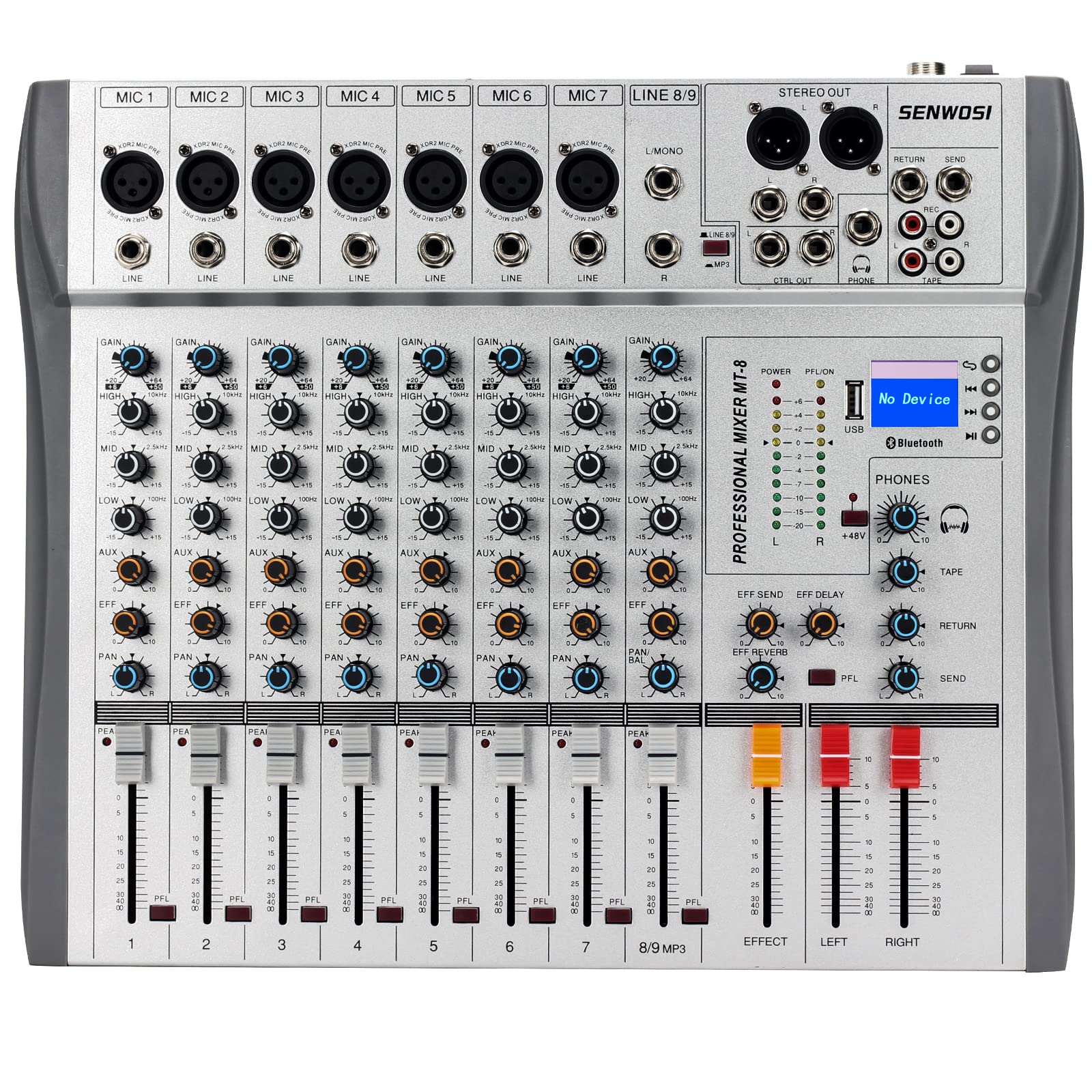 SENWOSI MT-8 8-Channel Sound Board Mixer Amplifier Mixing Console USB Bluetooth Audio Interface Microphone Preamplifier Phantom Power 3 band EQ Steel Chassis DJ Studio Music production