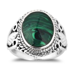 aeravida vintage inspired round green malachite nature .925 sterling silver ring, size 11 | elegant handmade women's | statement jewelry