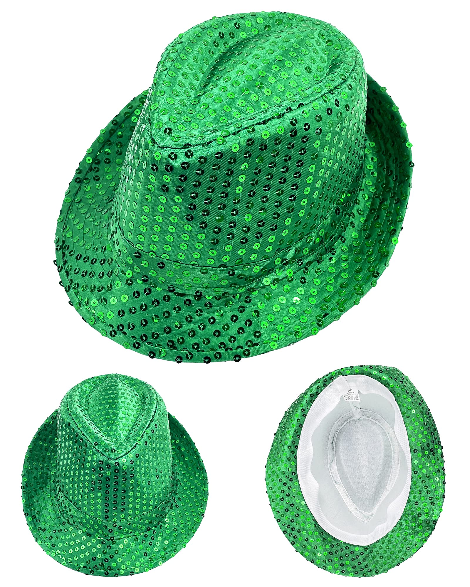 St Patrick's Day Fedora Hat Green Sequin Irish Hat for Men Women Paddy's Day Fancy Cap Western Fashion Sequin Bow Tie and 3 Green Beads