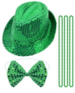 st patrick's day fedora hat green sequin irish hat for men women paddy's day fancy cap western fashion sequin bow tie and 3 green beads