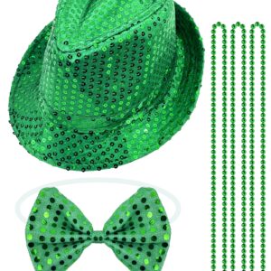 St Patrick's Day Fedora Hat Green Sequin Irish Hat for Men Women Paddy's Day Fancy Cap Western Fashion Sequin Bow Tie and 3 Green Beads